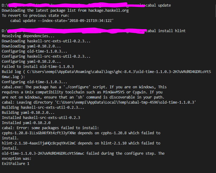 cabal install hlint ghc 8.4.3 ExitFailure 1/ExitFailure 77 · Issue #538 · ndmitchell/hlint · GitHub