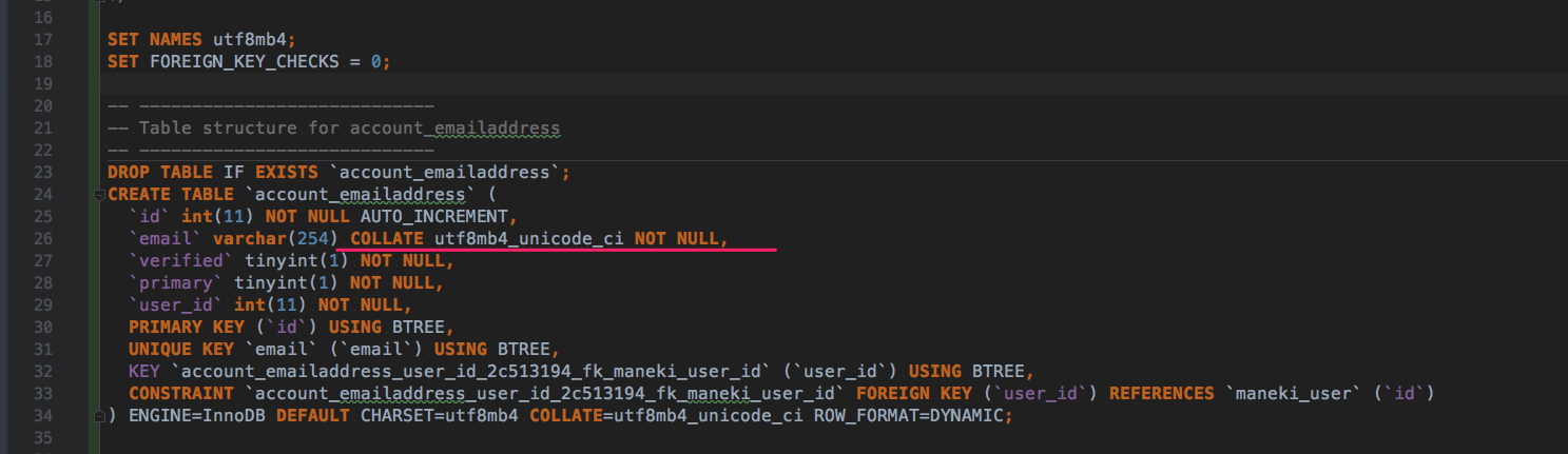 parse error: unexpected column option COLLATE at line 26 column 23 ...