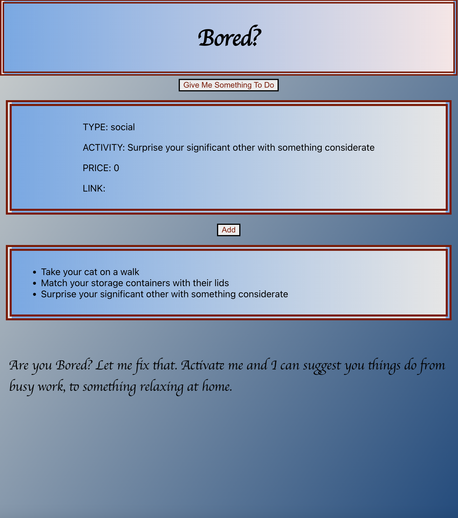 GitHub - dwaynek24/react-activity-app: "Bored?" is a React based app, that provides activity ...