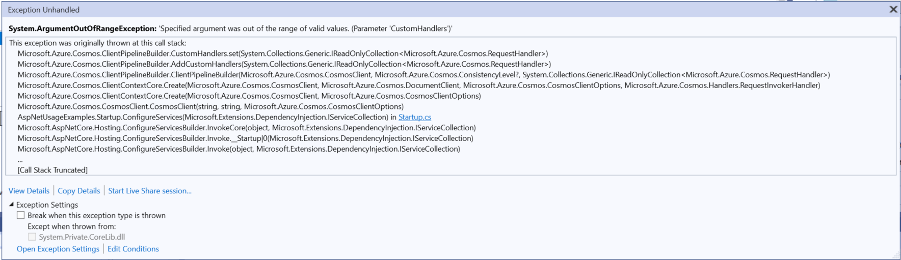 Cannot reuse the client settings for different cosmos clients' initialization if I set the ...