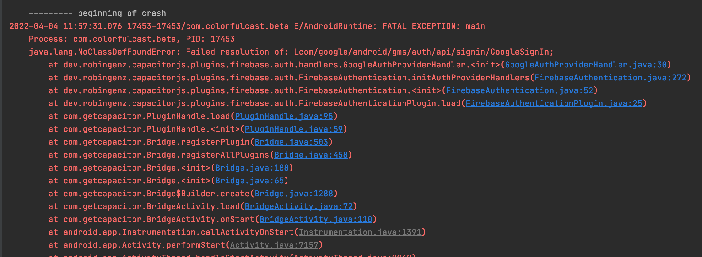 bug: app crashes `java.lang.ClassNotFoundException: Didn't find class "com.google.android.gms ...