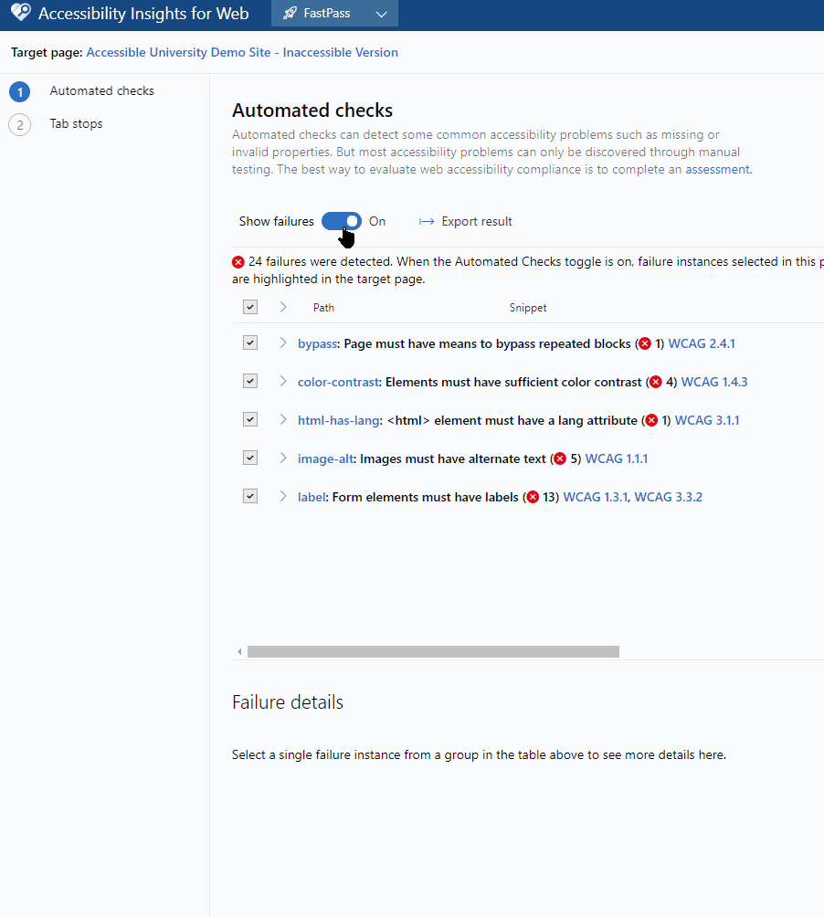 Subtitle under automated checks disappears when target page is changed. · Issue #679 · microsoft ...