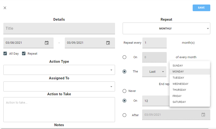 Is it possible to enable 'Last Day of Month' as an available option in the RecurrenceMenu ...