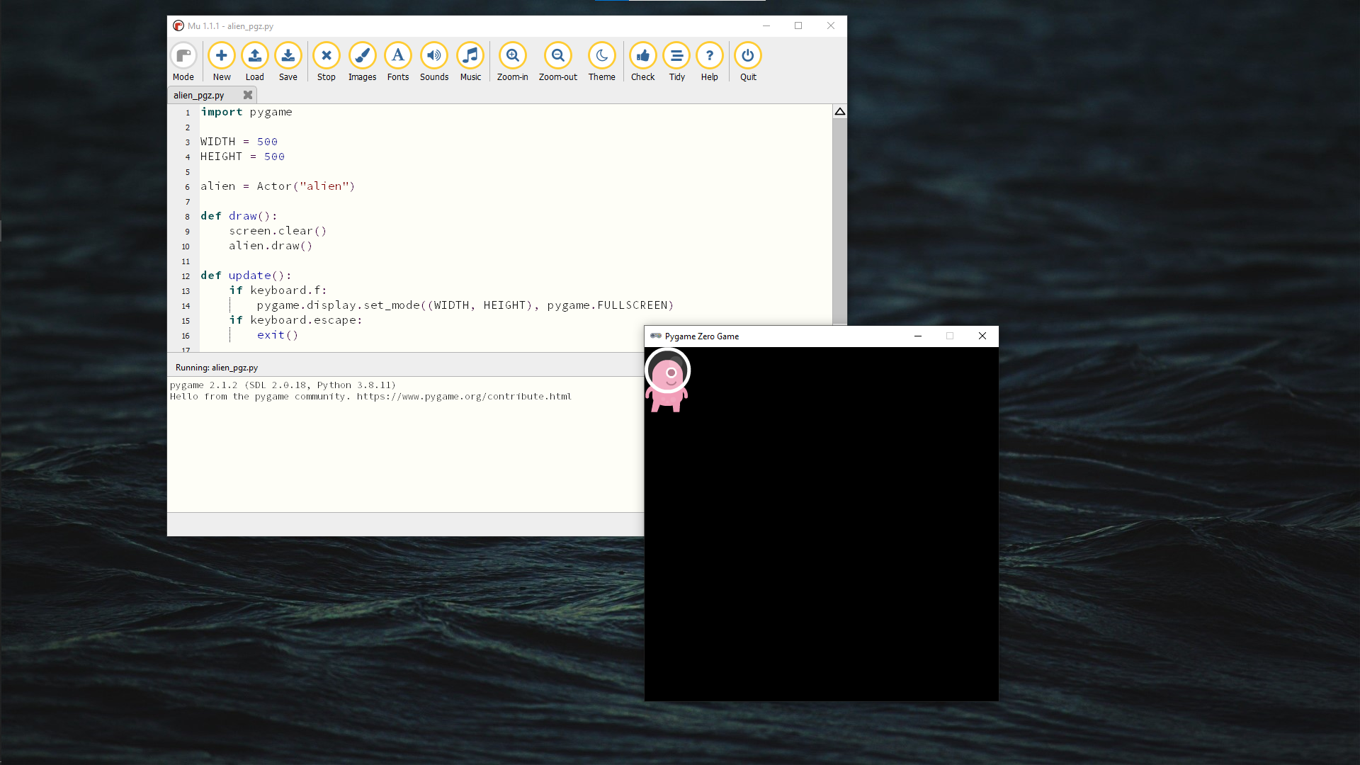 Pygame Zero Mode Window Starting At Screen Center Mu Editor Mu