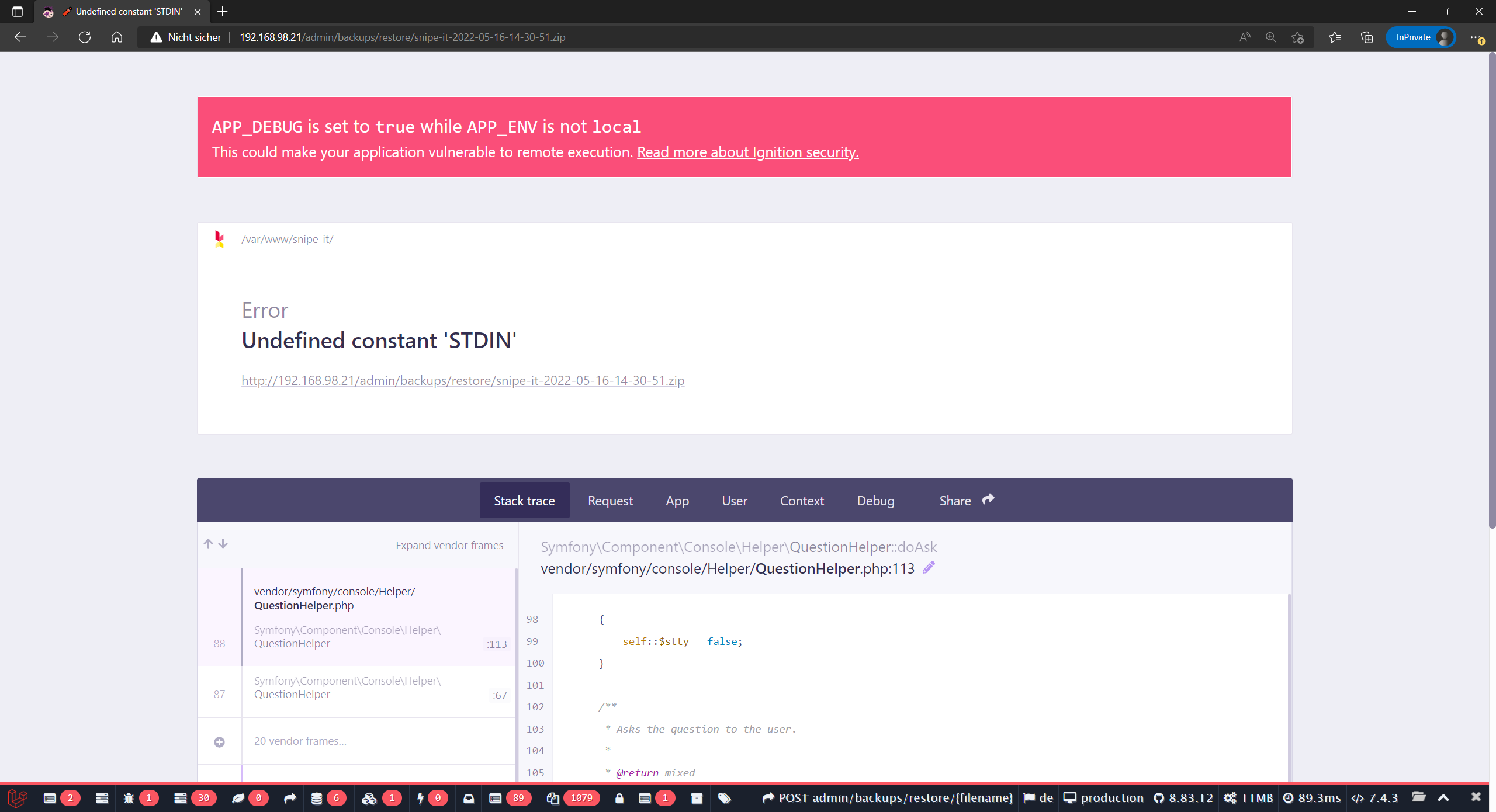 Restoring a backup is not possible. · Issue #11214 · snipe/snipe-it · GitHub