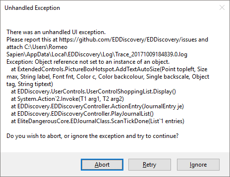 ED Discovery Error re: shopping list? · Issue #1377 · EDDiscovery ...