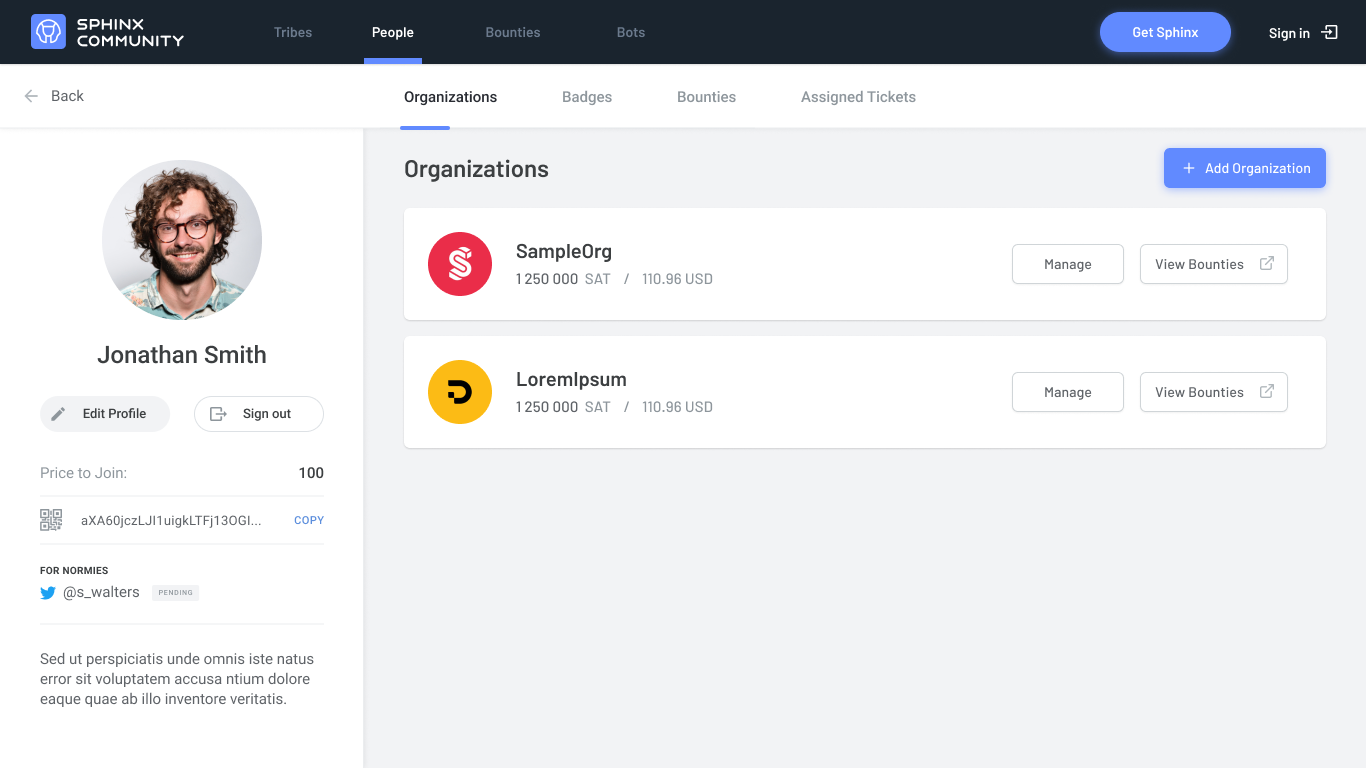 Update organization tab: Logged in profile and someone else's profile ...