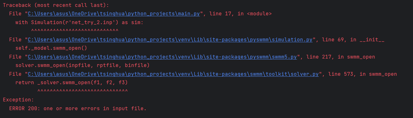 ERROR 200: one or more errors in input file. How to resolve this error message from pyswmm ...