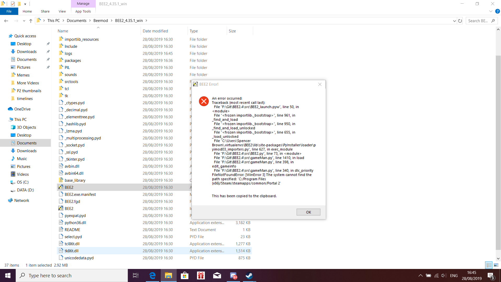 Error when trying to load Beemod. · Issue #1171 · BEEmod/BEE2.4 · GitHub