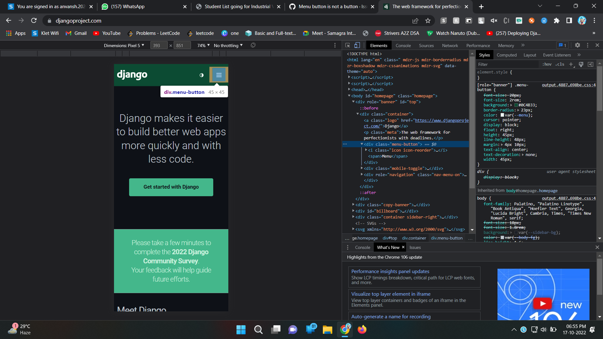 Menu button is not a button · Issue #1234 · django/djangoproject.com · GitHub