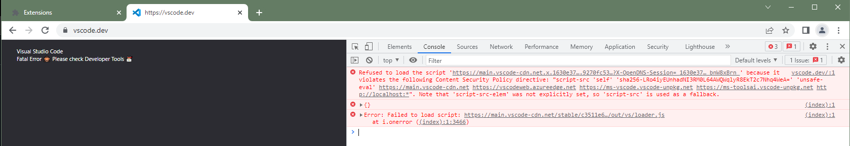 vscode.dev Fatal Error due to CSP violation · Issue #151368 · microsoft/vscode · GitHub