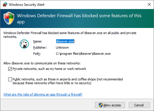 DBeaver blocked by Windows Firewall after install, not sure what it's ...