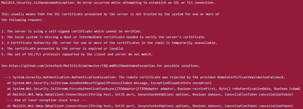 Mailkit TLS/SSL in aspnet:5.0 docker fails with '[PartialChain]: unable to get local issuer ...