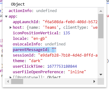 In the Teams context object, parentMessageId is a string on desktop and web, but an integer on ...