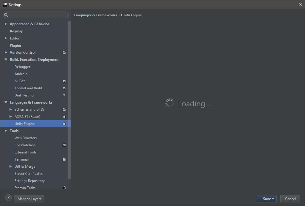 Rider setting panel "Unity Engine" only displays "Loading..." · Issue #198 · JetBrains/resharper ...