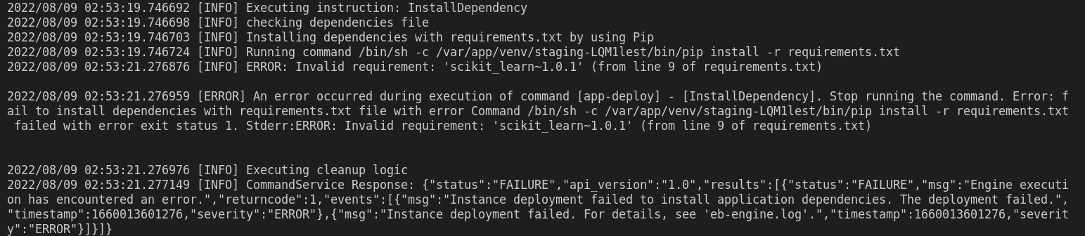 Python 38 Deployment Invalid Requirement Scikitlearn~101 · Issue 176 · Awsaws Elastic 