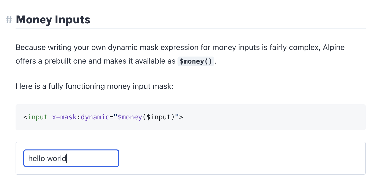 x-mask $money() input allows characters · Issue #3267 · alpinejs/alpine · GitHub