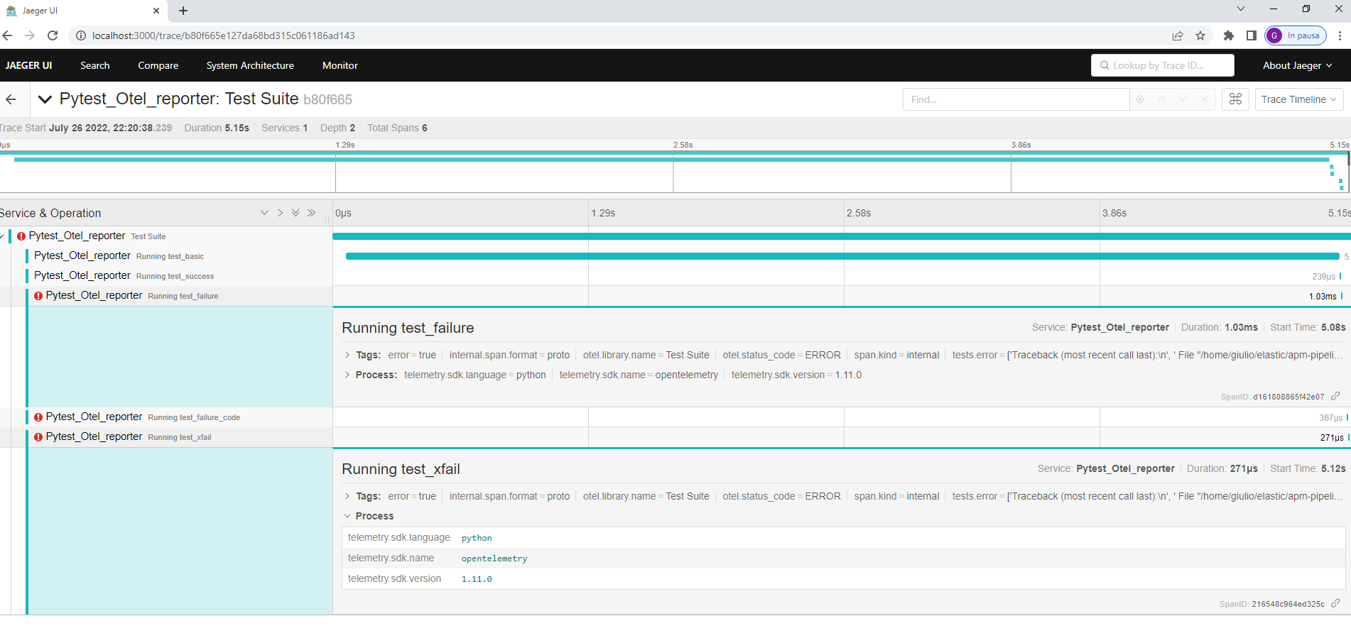 Set elastic apm env vars for standalone pytest_otel demo + jaeger otel ...