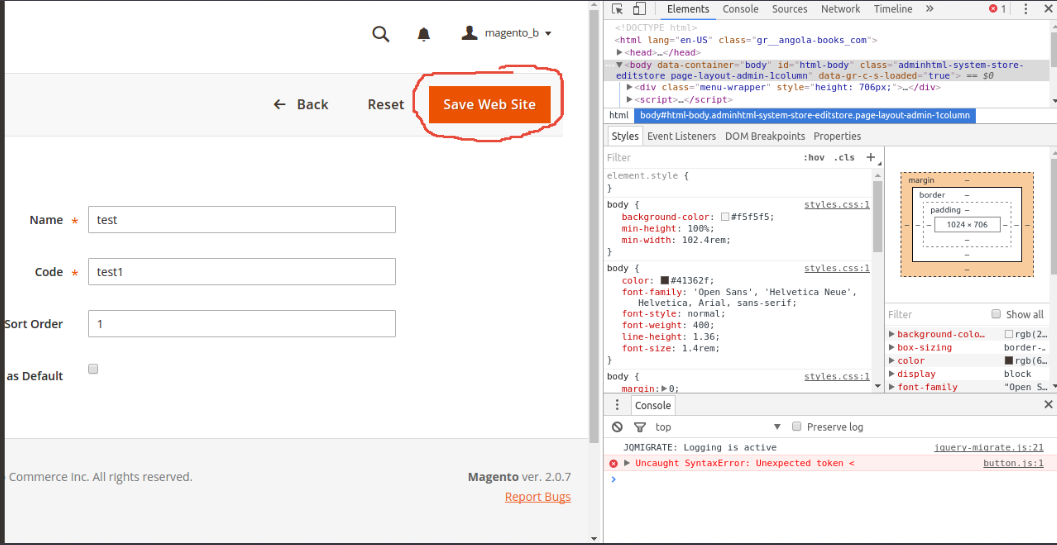 'Save Web Site' button and General drop down tab in store >> Configuration >> General is not ...