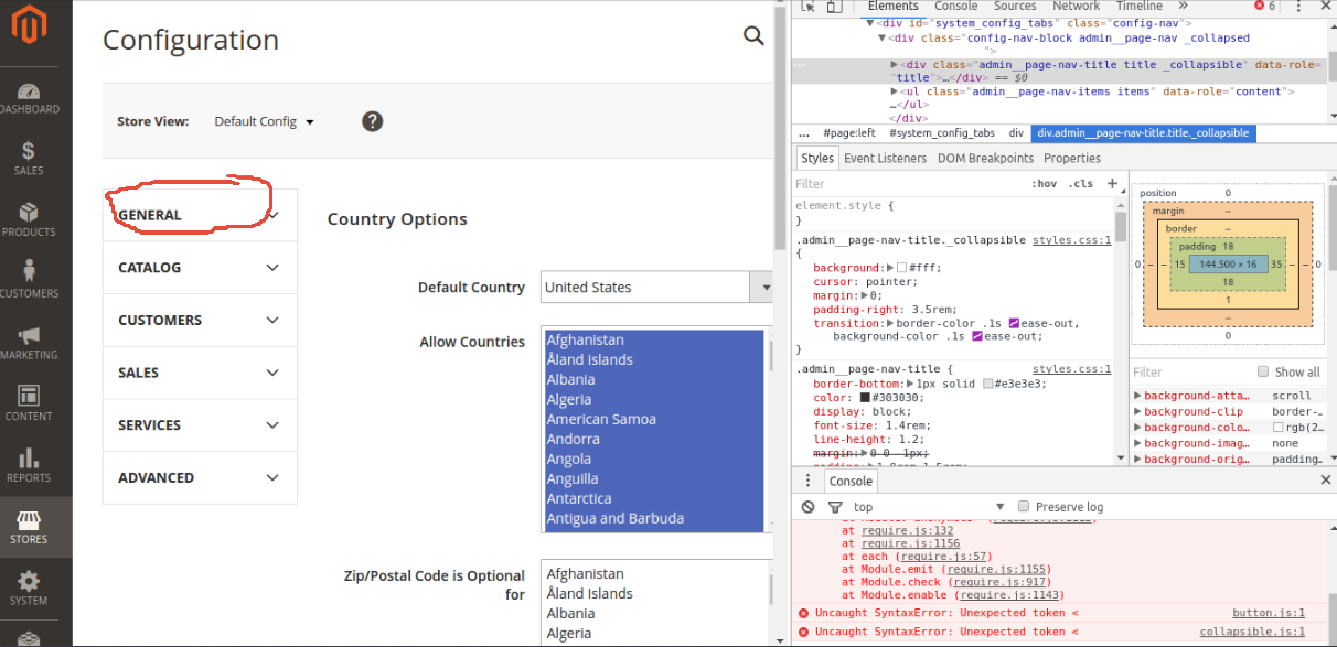 'Save Web Site' button and General drop down tab in store >> Configuration >> General is not ...