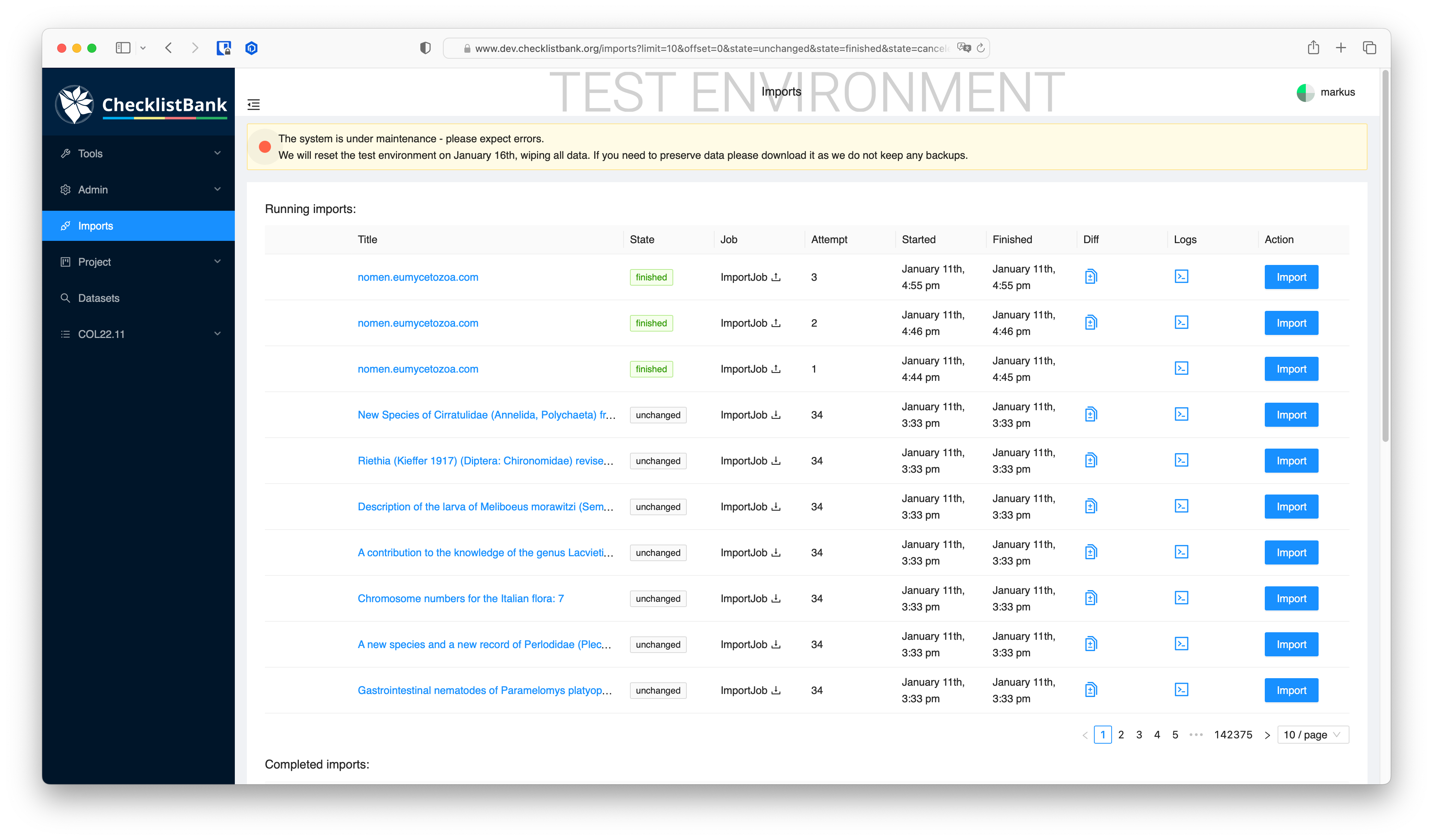Imports Page Wrong On Reload · Issue 1156 · Catalogueoflife 