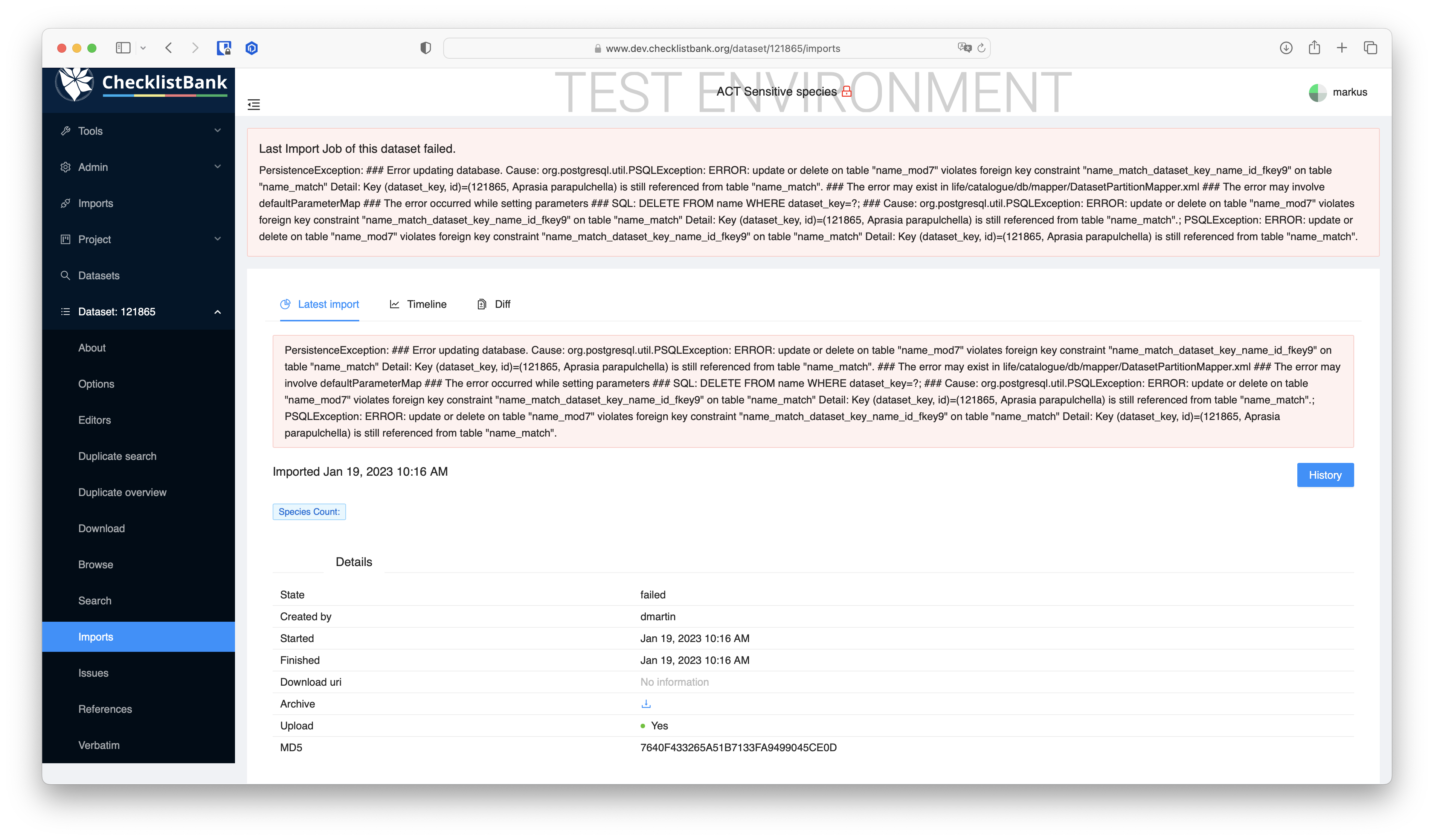 Hide import error details from most pages · Issue #1159 · CatalogueOfLife/checklistbank · GitHub