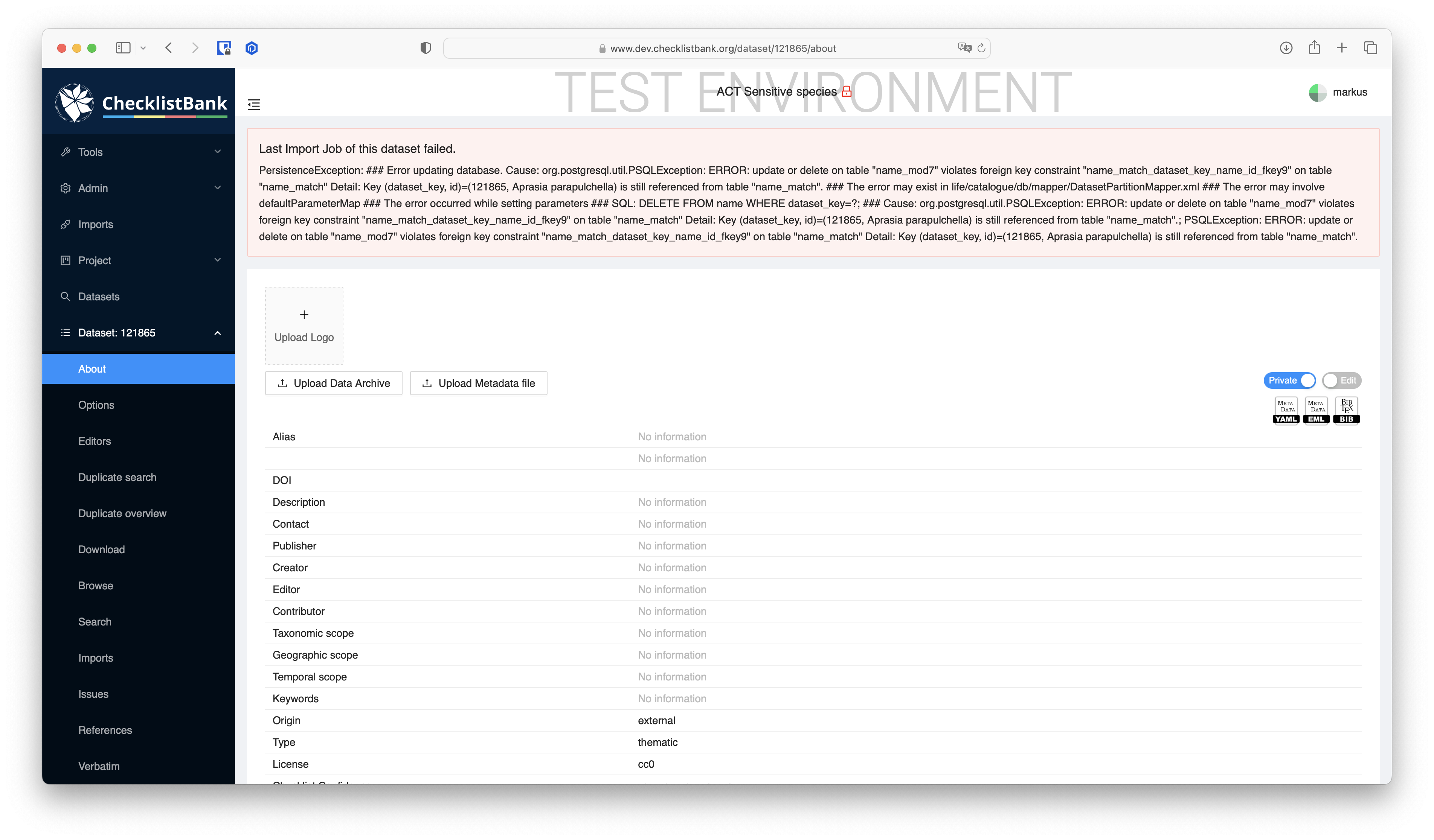 Hide import error details from most pages · Issue #1159 · CatalogueOfLife/checklistbank · GitHub