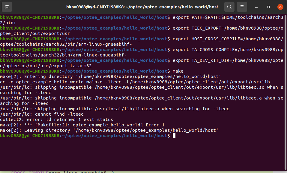 [optee_hello world] skipping incompatible /usr/local/lib/libteec.a when searching for lteec ...