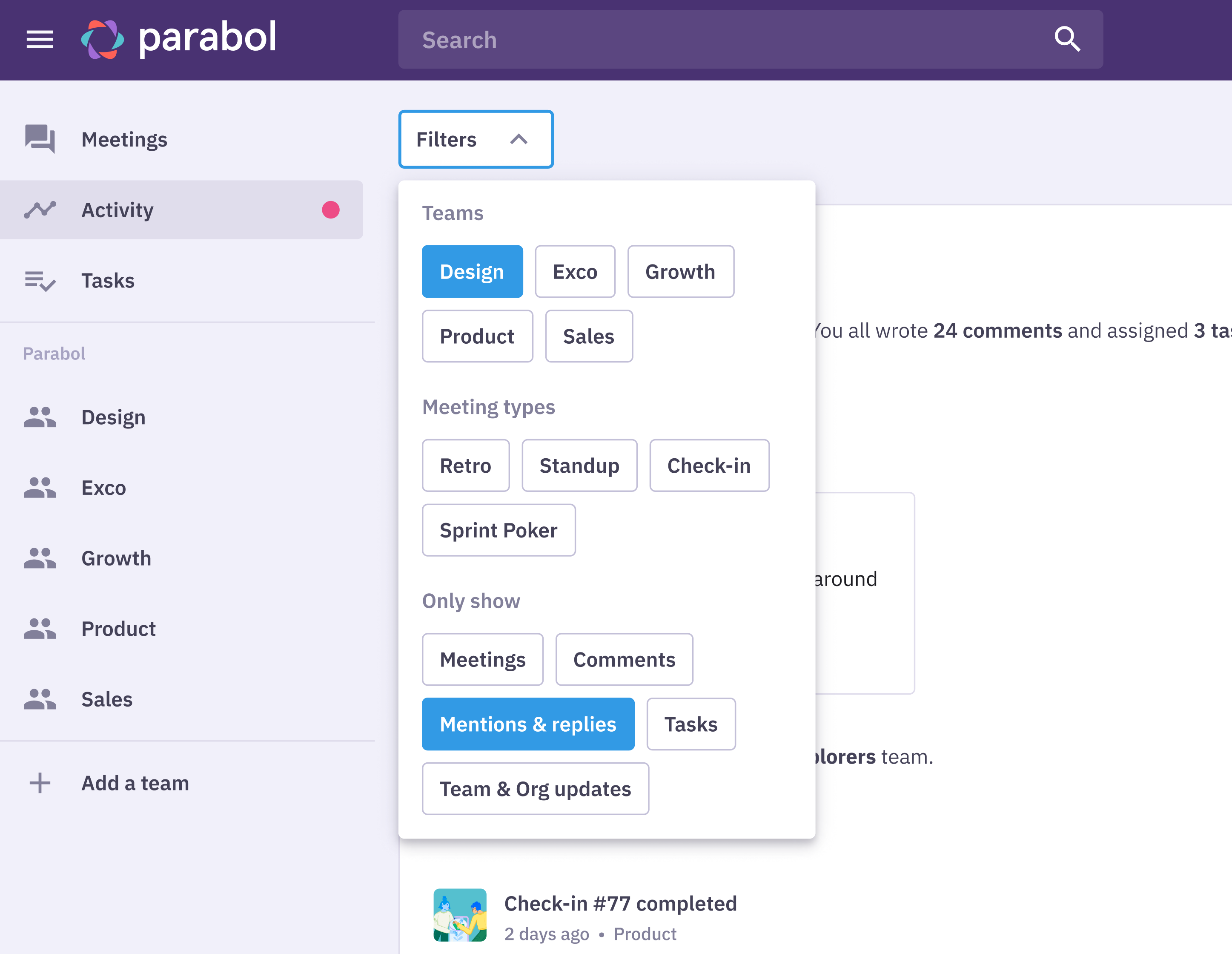 Activity view: Add `Filter` menu to `Activity` view · Issue #6455 · ParabolInc/parabol · GitHub