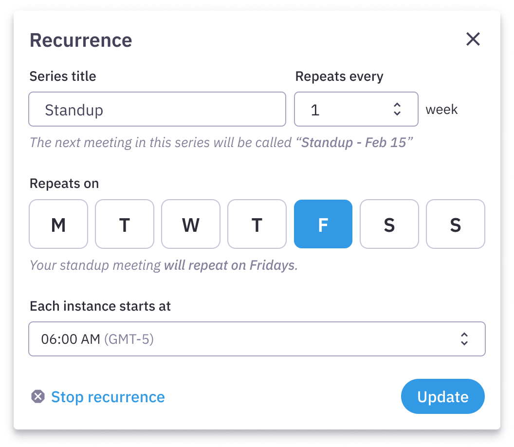 Standups: Add meeting series name to recurrence settings · Issue #7783 · ParabolInc/parabol · GitHub