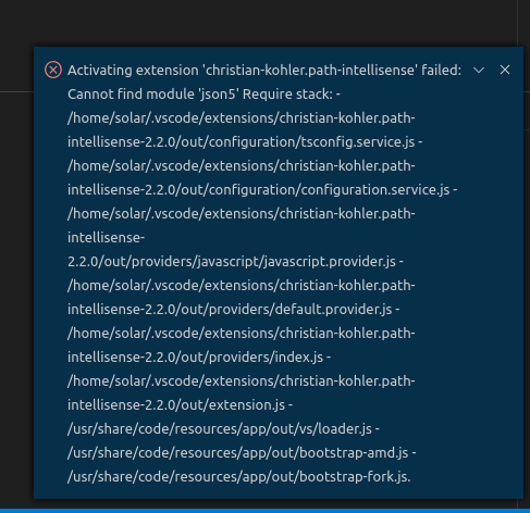 Cannot find module 'json5' · Issue #163 · ChristianKohler/PathIntellisense · GitHub