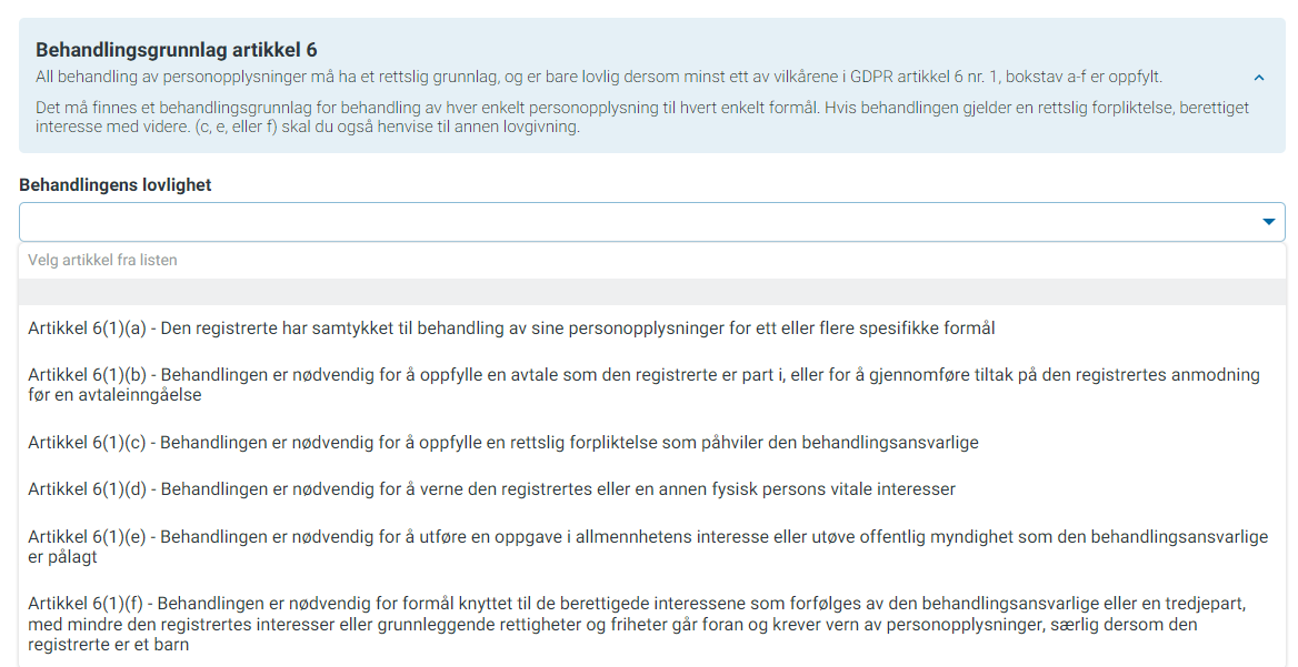 Feil i Artikkel 6f - felt "Henvisning til annen lovgiving" skal ikke være med på dette bokstav ...