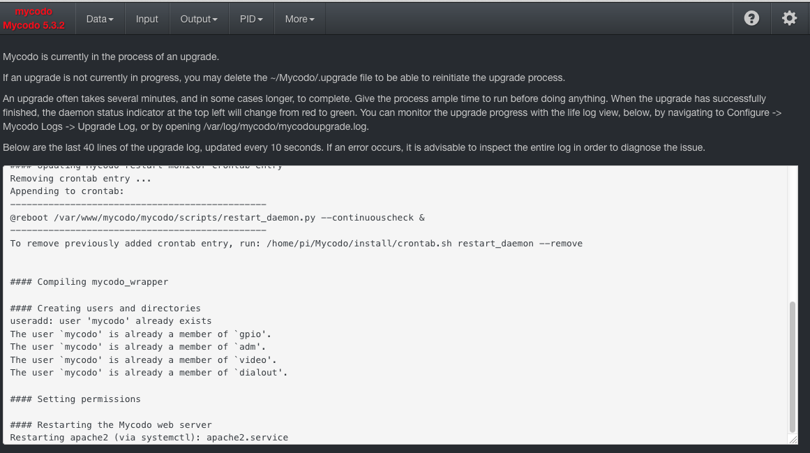 Upgrade process doesn't complete · Issue #305 · kizniche/Mycodo · GitHub