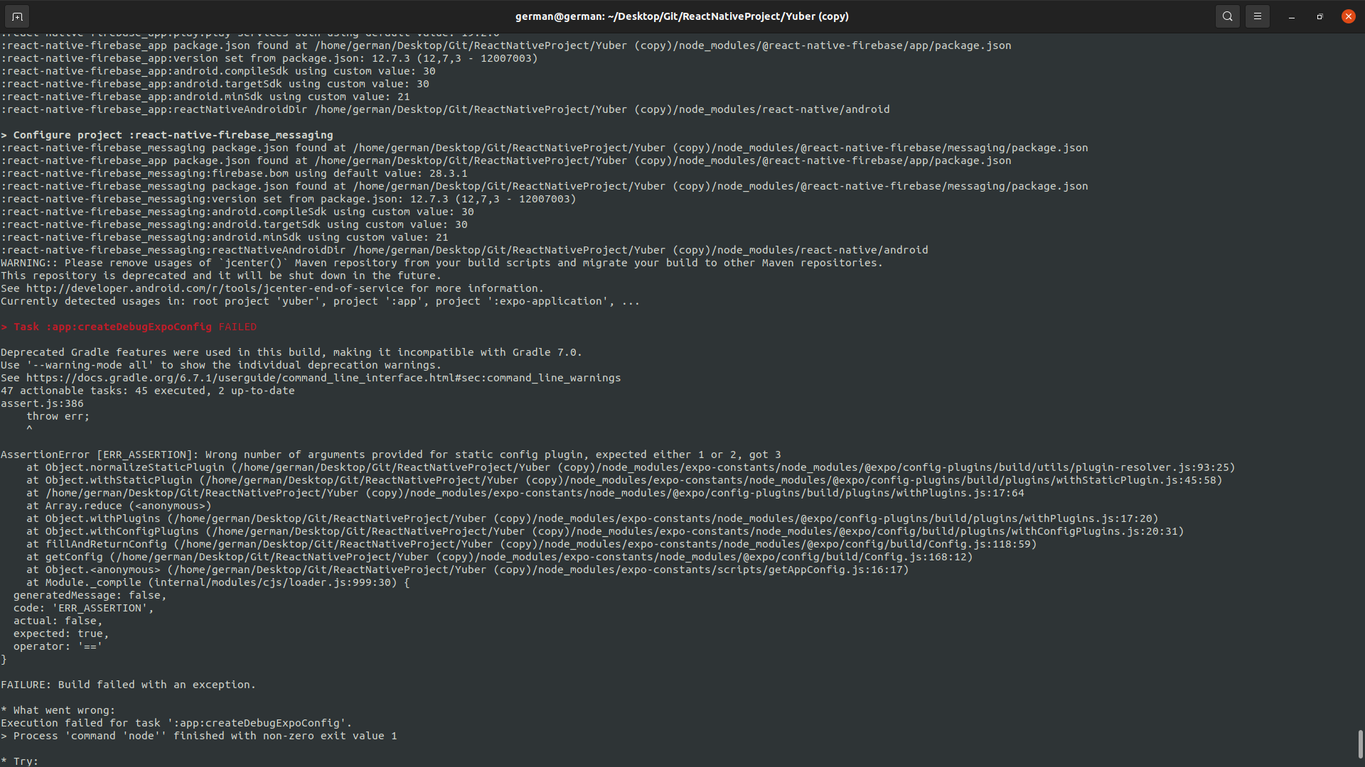 React Native Assertionerror [err Assertion] Wrong Number Of Arguments Provided For Static
