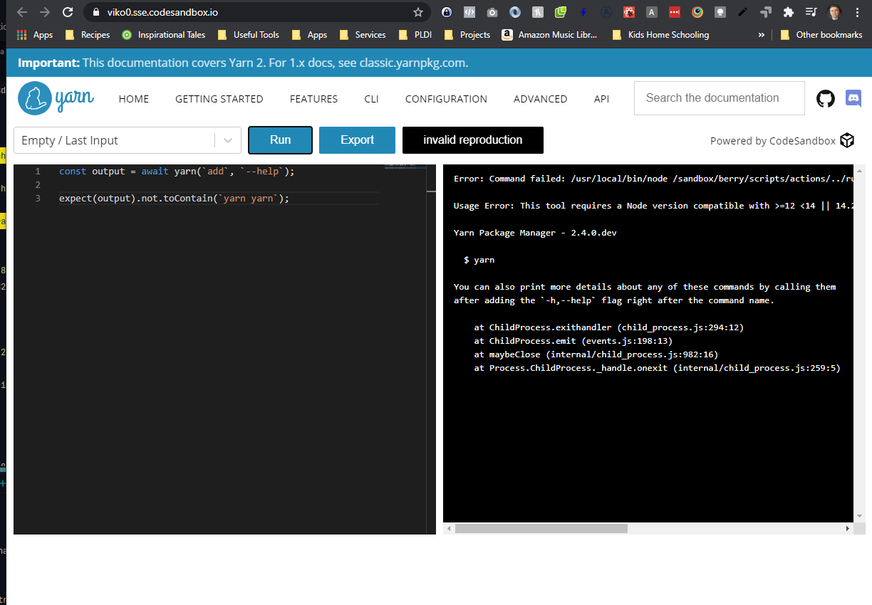 [Bug] Sherlock / playground cannot run anything · Issue #2418 · yarnpkg/berry · GitHub