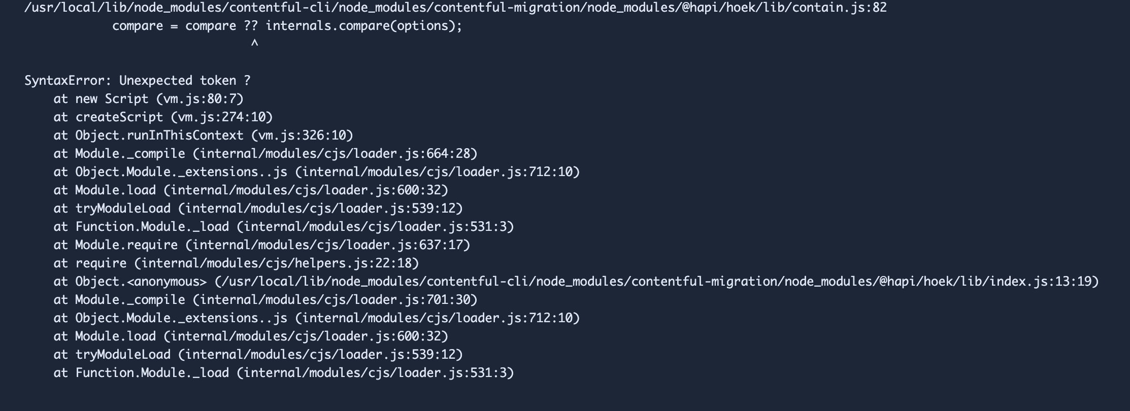 contentful space export command failing due to an unexpected token in one of the node modules ...