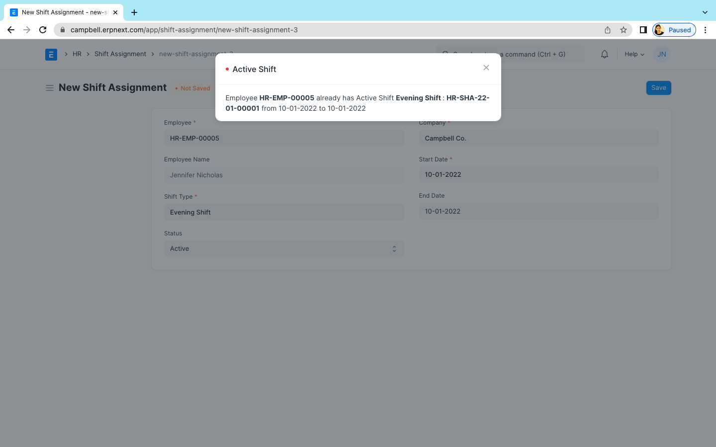Error on creating a non - overlapping shift assignment for same day for ...