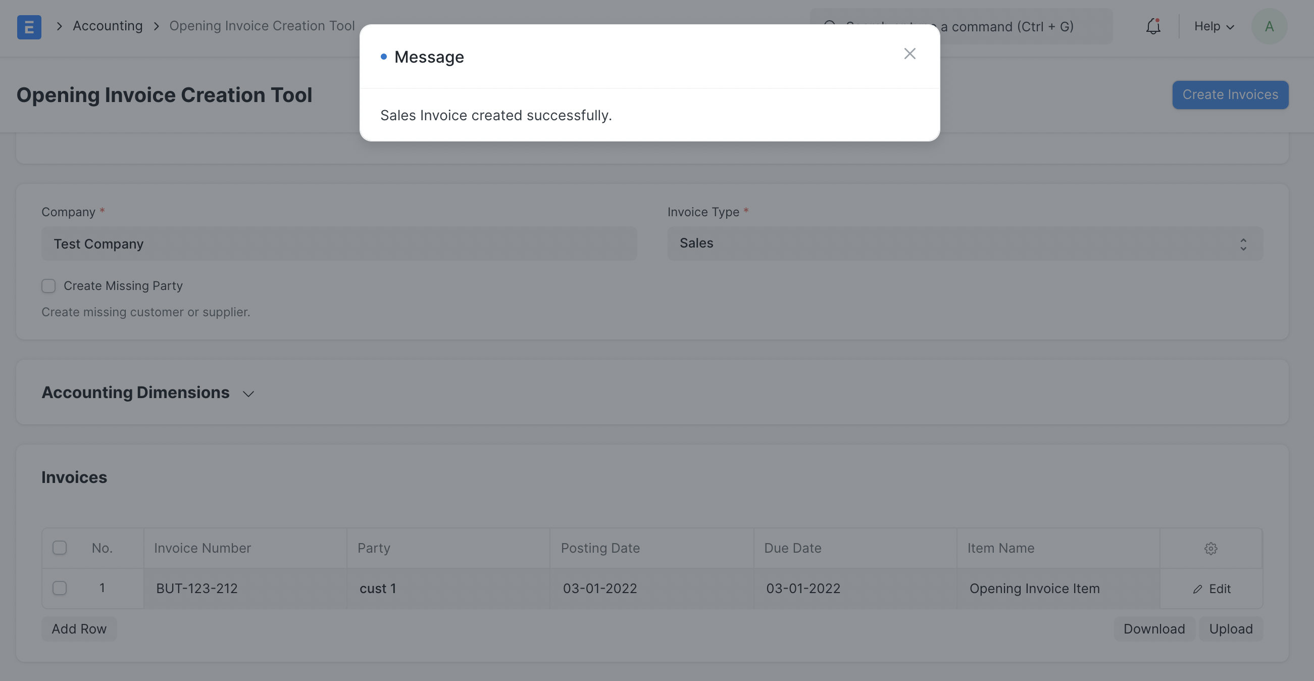 Success Message doesn't appear on successful invoice creation through Opening Invoice Creation ...