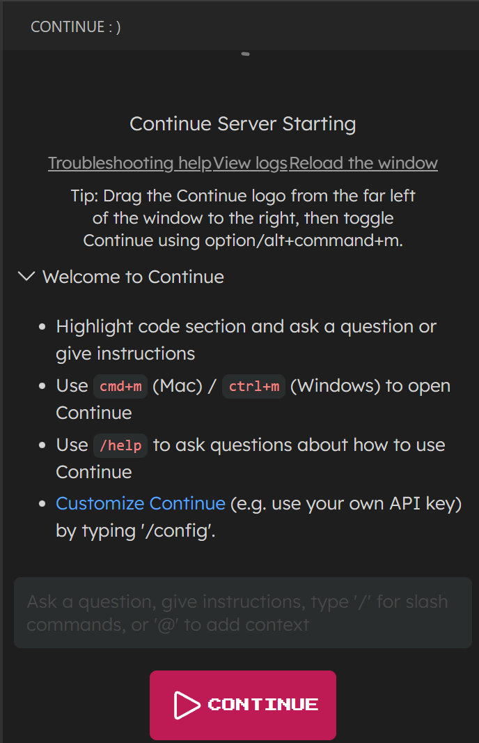 Staying there all the time "Continue Server Starting" · Issue #377 · continuedev/continue · GitHub