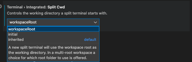 Splitting terminal using "terminal.integrated.splitCwd": "workspaceRoot" always selects first ...