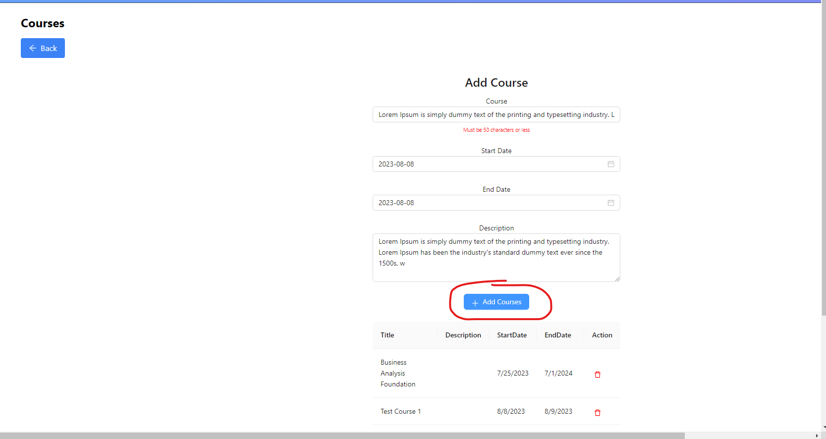 Keep The Add Courses Button In Inactive View When The Validations Are Triggering For The Fields