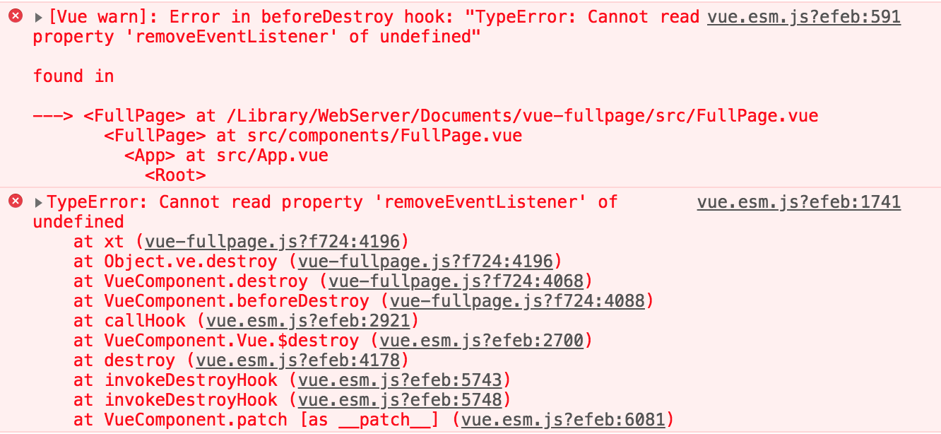beforeDestroy hook removeEventListener undefined · Issue #44 · alvarotrigo/vue-fullpage.js · GitHub