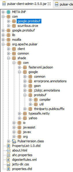 pulsar-client-admin-2.5.0.jar contains an unshaded protobuf dependency ...