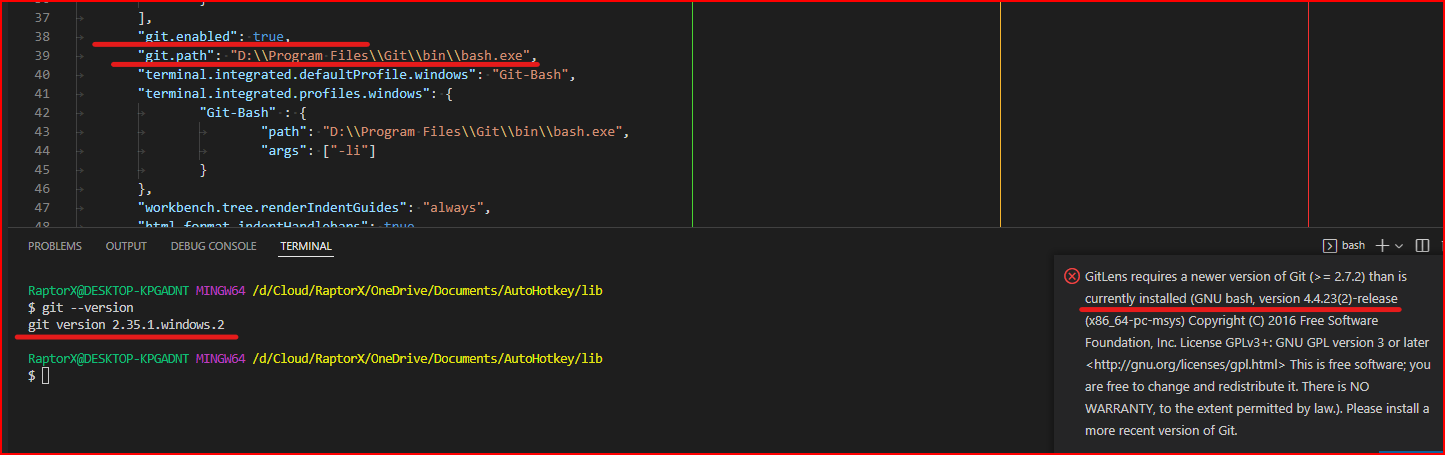GitLens requires a newer version of Git (>= 2.7.2) than is currently installed (). Please ...