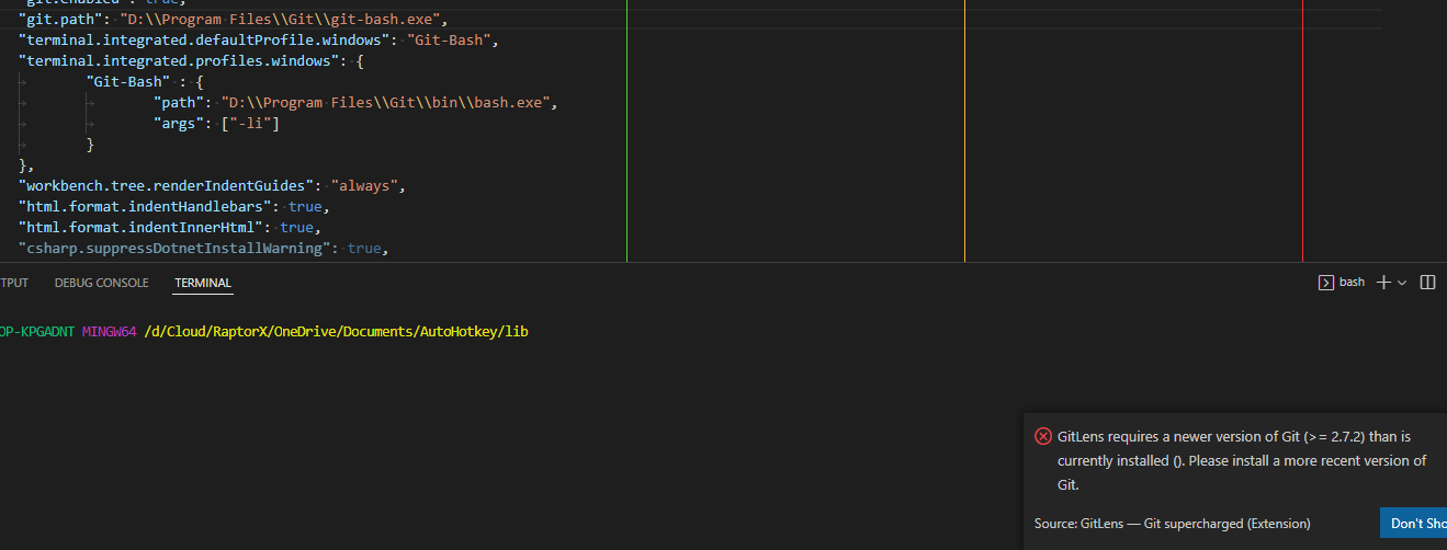 GitLens requires a newer version of Git (>= 2.7.2) than is currently installed (). Please ...