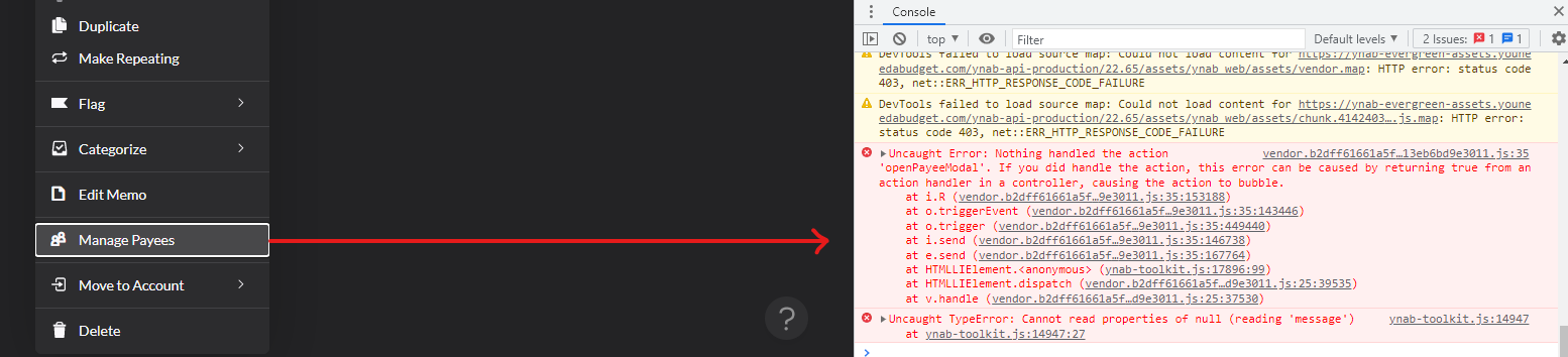 [BUG] Account context menu > Manage Payees button not working · Issue #2824 · toolkit-for-ynab ...