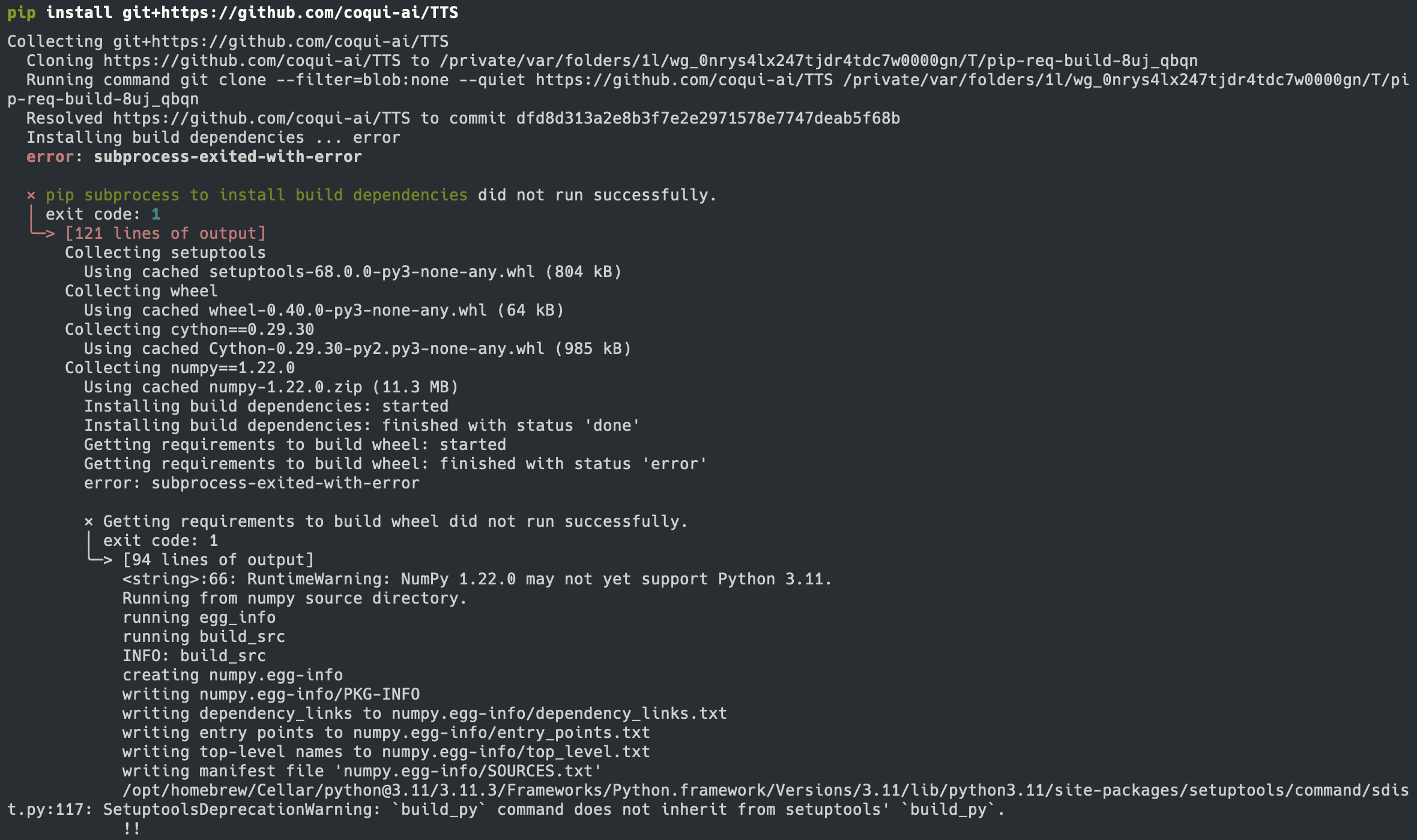 Installation Issue Numpy V122 Required For Python V311 · Issue 2723 · Coqui Aitts · Github
