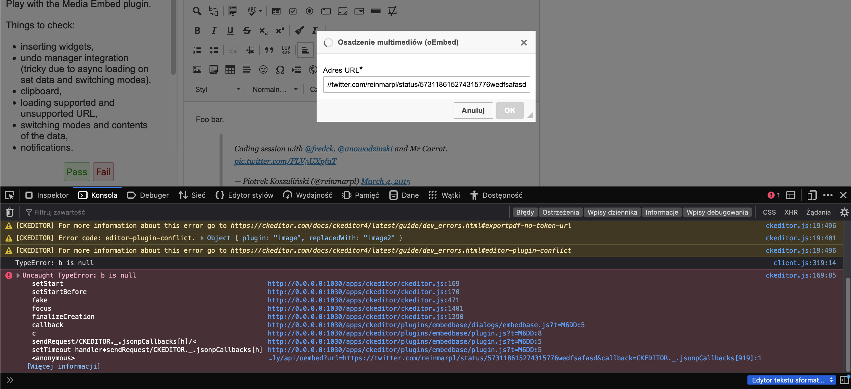 Breaking the link in the media embed results in an error thrown in the ...