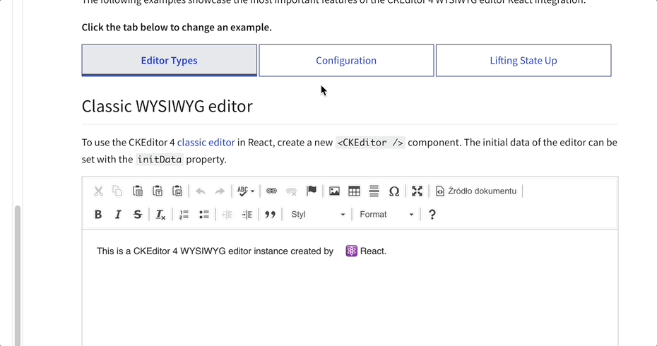 On the 4.20.1 version of docs inside of the React integration Guide first tab is always ...