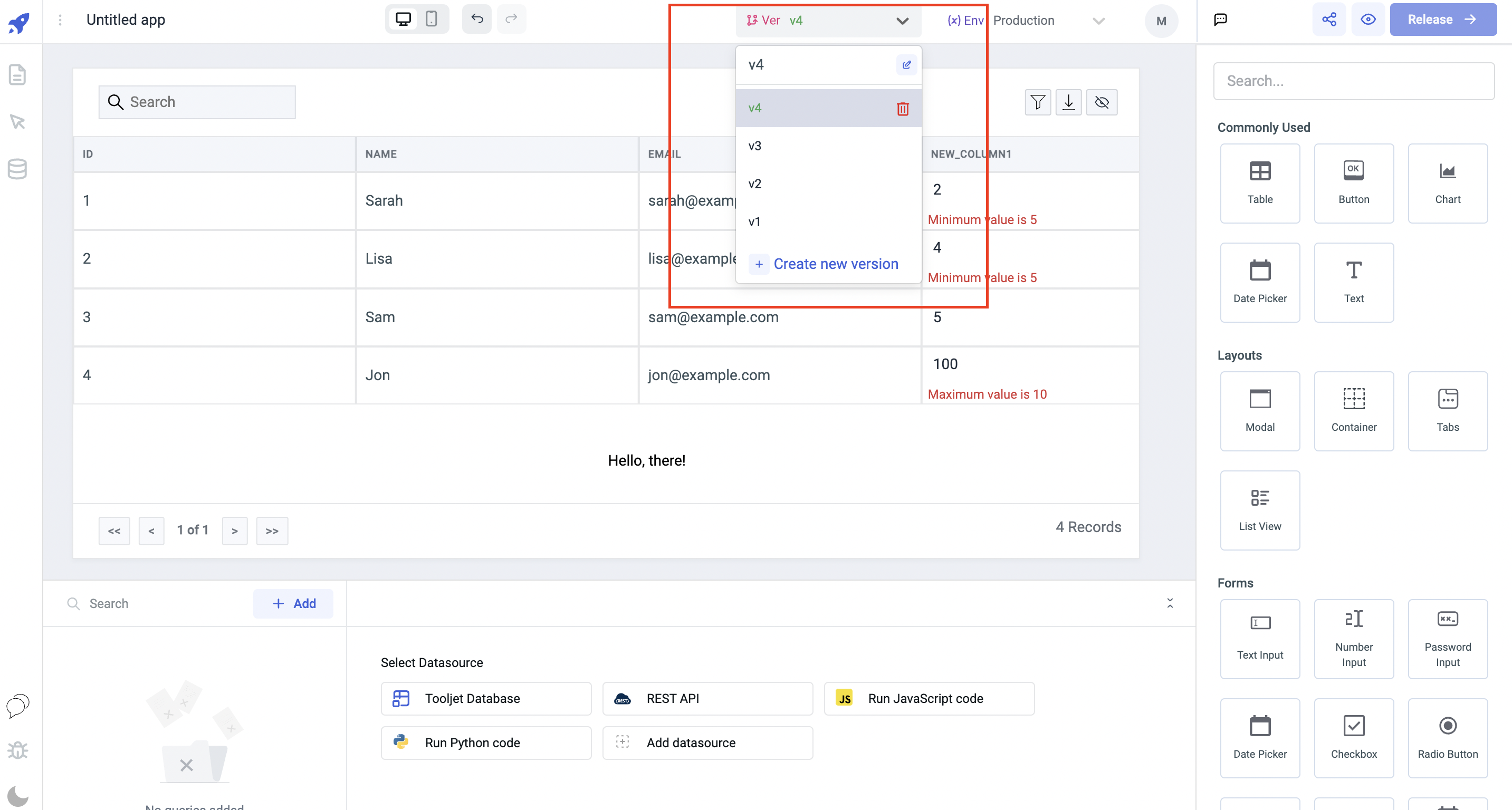 Deleting version of an existing app with multiple versions · Issue #5731 · ToolJet/ToolJet · GitHub